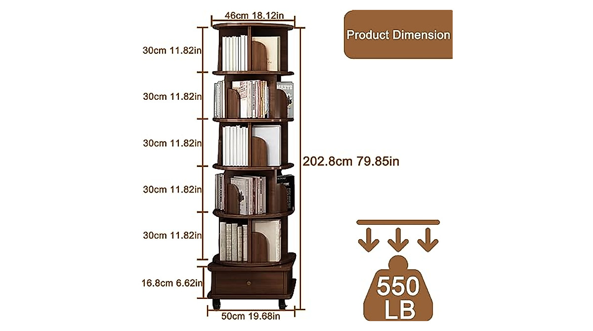 MMV 5-Tier Rotating Bookshelf - Stylish 360° Wood Bookcase