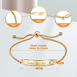 YESTIME Custom Name Bar Bracelet Personalized - 18K Gold Plated Adjustable Personalized Text Bracelet, Customized Jewelry Gift for Women Girlfriend