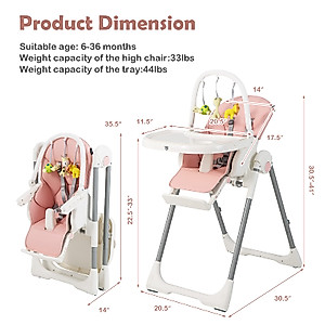 BABY JOY Baby High Chair, Foldable Highchair w/Toy Bar, 7 Heights, 4 Reclining Angles, Adjustable Footrest, Removable Double Tray, PU Cushion & Lockable Wheels for Babies Toddlers, 6-36 Months (Pink)