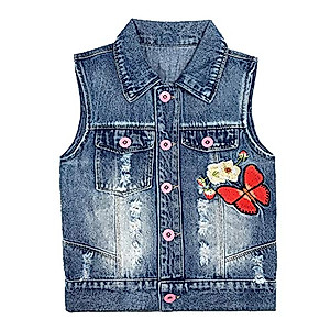 Peacolate Little Big Girl Distressed Sleeveless Jacket Embroidered Sequins Butterfly Denim Vest (Butterfly,8-9Years)