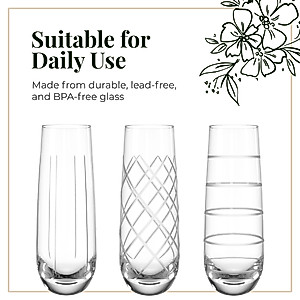 Fifth Avenue Crystal Medallion Stemless Champagne Flutes, Durable Glass, Mimosa, Cocktail Glasses Set, Prosecco Wine Flute, Bar Glassware, Toasting Wedding Glasses, Set of 6, Etched Patterns, 9.5oz