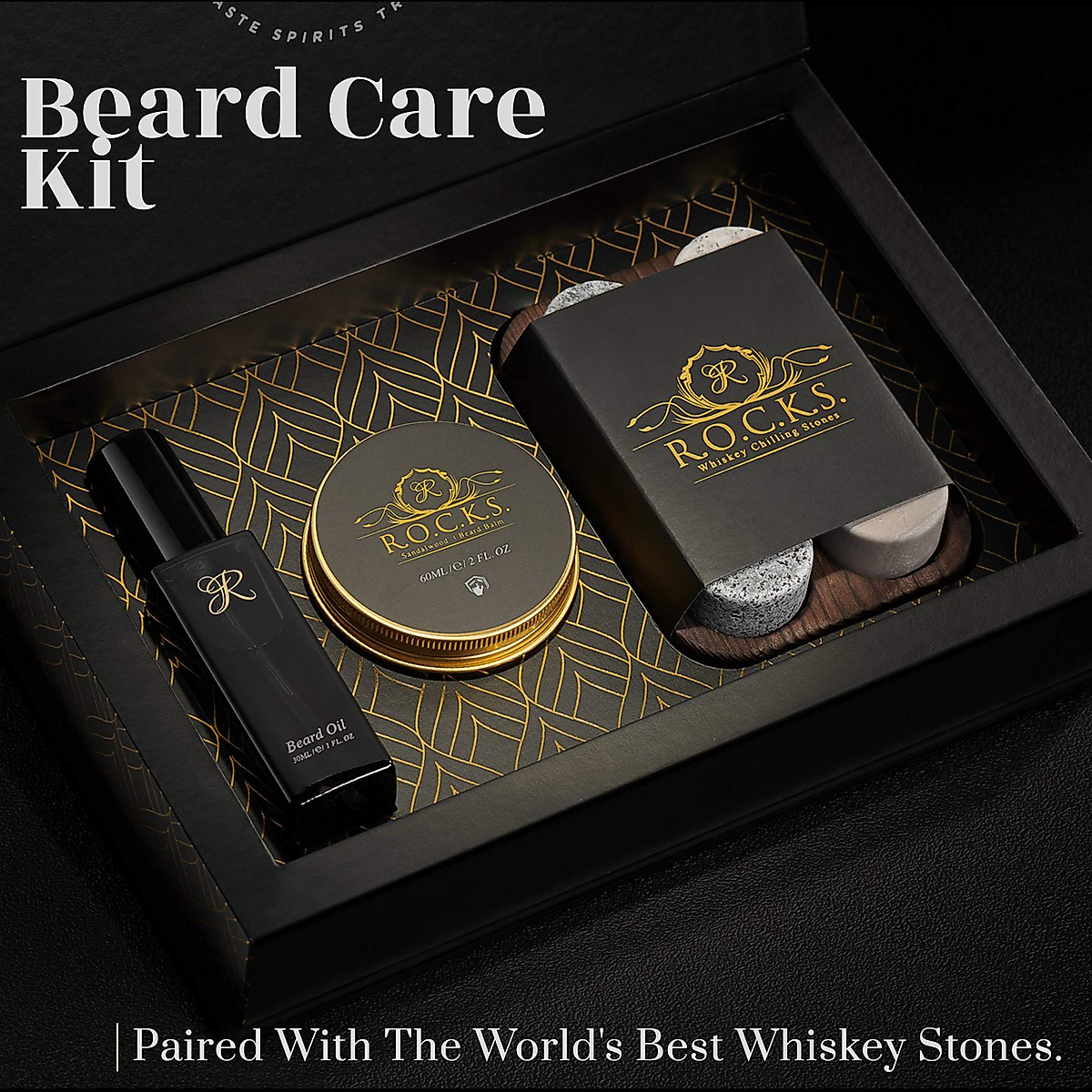 Whiskey Chilling Stones & Beard Care Grooming Kit Gift Set - 6 Handcrafted Granite Round Rocks -  Sandalwood Scent Oil & Balm - Whiskey Gift for Men in Elegant Gold Foil Box