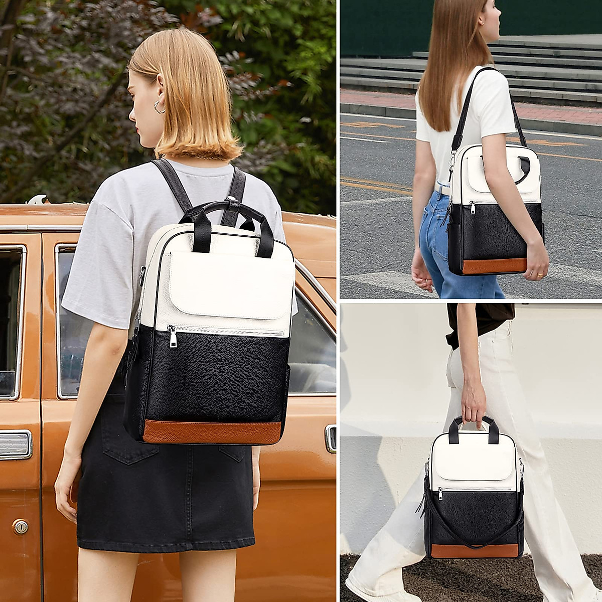 ALTOSY Leather Laptop Backpack for Women Men Convertible Tote Bag Purse Travel Daypack Fits 14 Inch (S110 Black/White/Brown)