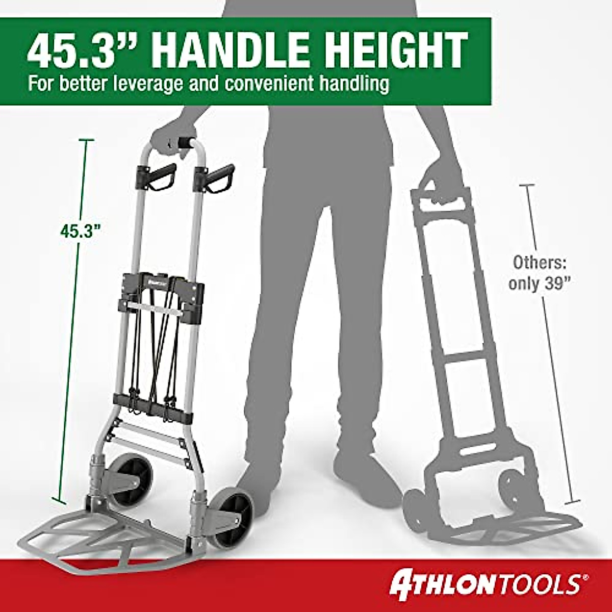 ATHLON TOOLS Aluminium Foldable Hand cart - Up to 330 lb - Smooth-Running Wheels with Soft treads - incl. 2 Expanding Cords