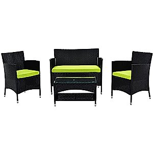 XXXDXDP 4PCS Patio Furniture Outdoor Garden Conversation Set Black Wicker 2 Armchairs+1 Double Sofa+1 Table w/Green Cushion