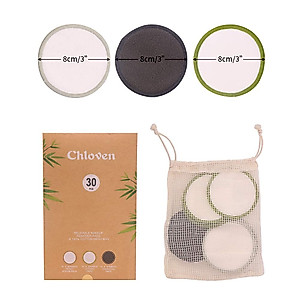 Chloven 30 Pack Reusable Makeup Remover Pads - Bamboo Cotton Rounds for Toner, Washable, Eco-Friendly for All Skin Types with Cotton Laundry Bag