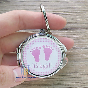 12 PCS Personalized Baby Shower Pink Girl Mirror Keychain Favors with Baby Footprint Design Custom Engraving Gift