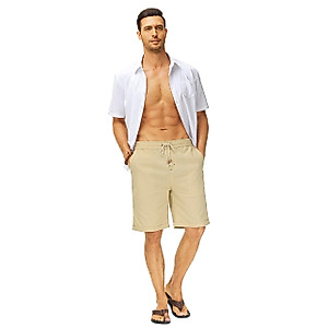 Janmid Men's Linen Shorts Casual Elastic Waist Drawstring Summer Beach Shorts Light Khaki M