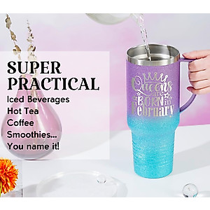 Onebttl Funny Birthday Gifts for Women, Her, Birthday Queen, 40 oz Tumbler with Handle, Glittery Purple and Teal Ombre, Queens are Born in July