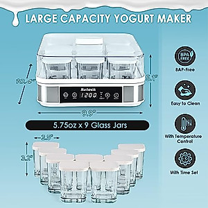 Suteck Yogurt Maker, Greek Yogurt Maker with Temperature Control & Timer, Automatic Digital Yogurt Makers with 9 Glass Jars, 2 Spoons & Recipe, Perfect for Home Organic Yogurt, Cheese/Natto Maker.