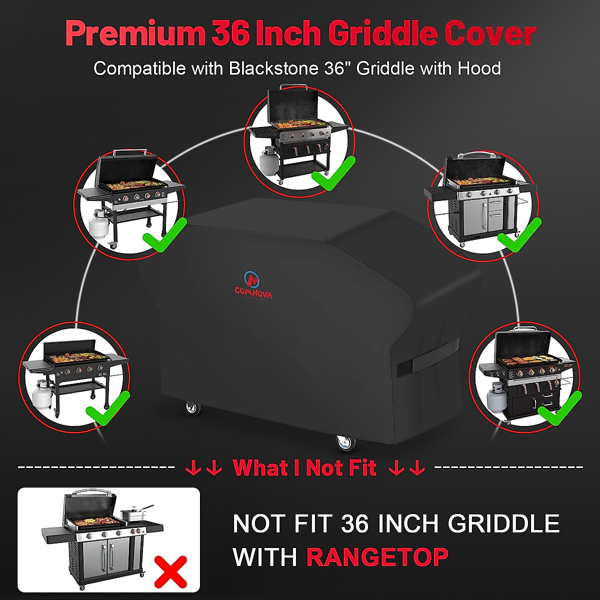 Comnova Griddle Cover for Blackstone 36 Inch Griddle with Hood - 600D Flat Top Grill Cover for Blackstone Pro Series Griddle Heavy Duty Waterproof, 36 in BBQ Cover for Blackstone 1984, 1902 and More