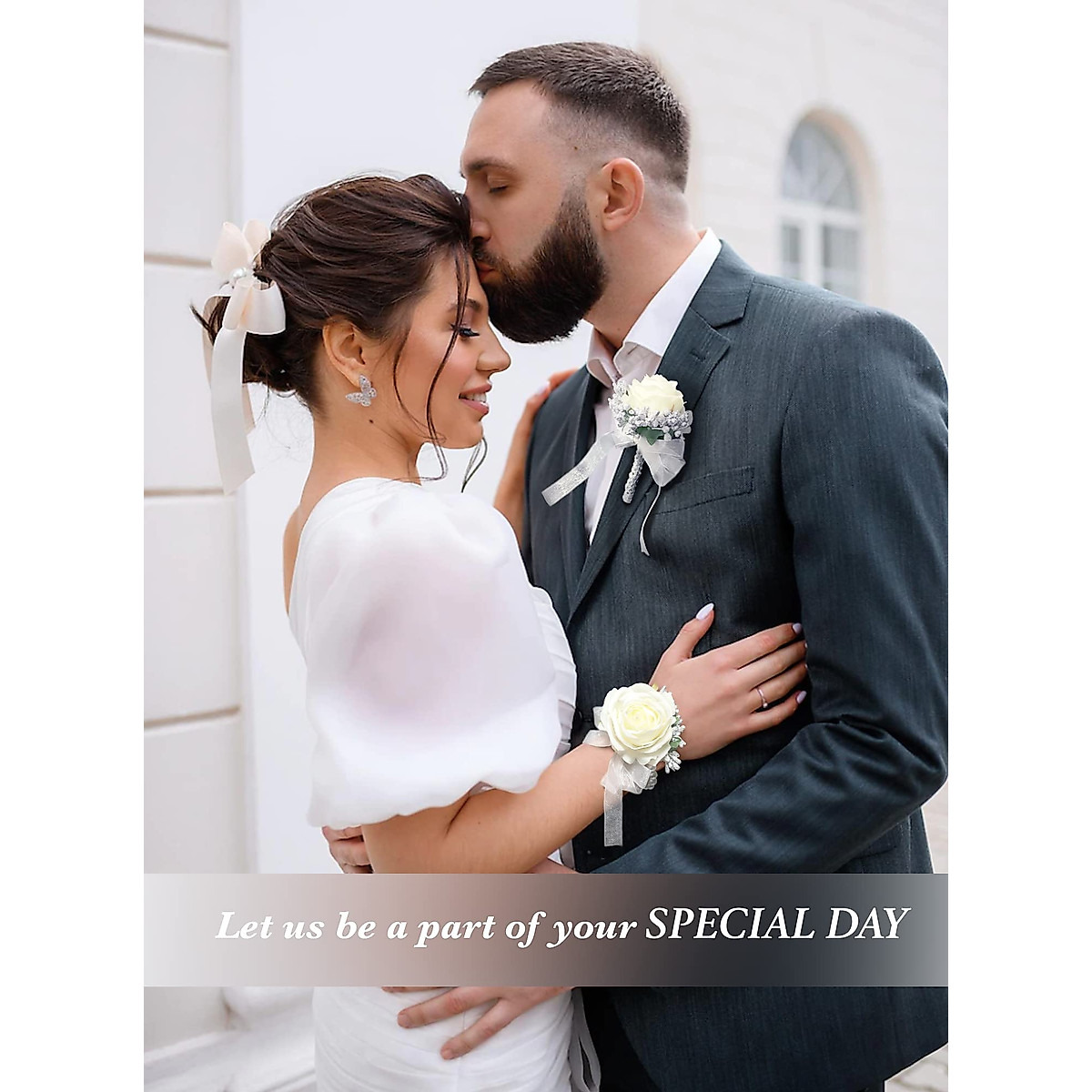 SUNEE - 2 Pcs Wedding Corsage and boutonniere White Roses Pearl Wedding Prom Wristlet Band Bracelet for Women Bride Bridesmaid