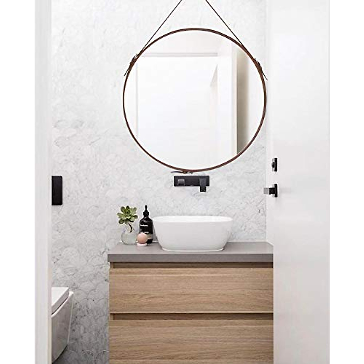 HofferRuffer Round Wall Mirror Decorative Mirror, Hanging Mirror with Hanging Strap Silver Hardware Hooker/Hanger, Diameter 23.6 inch, Brown-L