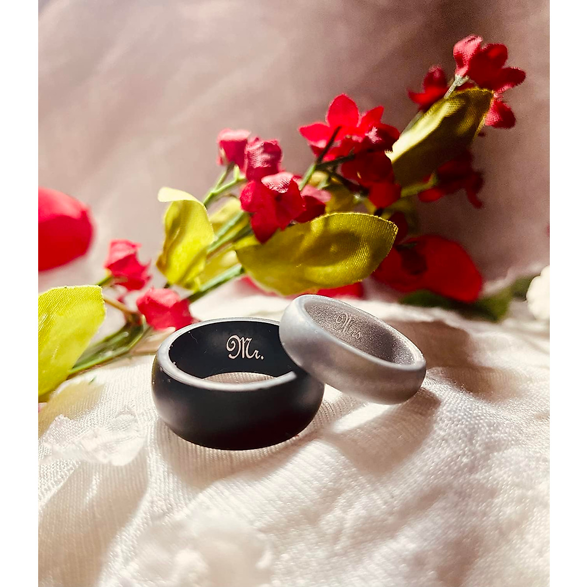 AERA CUSTOMIZED His & Hers Silicone Wedding Band Set - Engrave Any Text, Symbol, Image - Ships Next Day