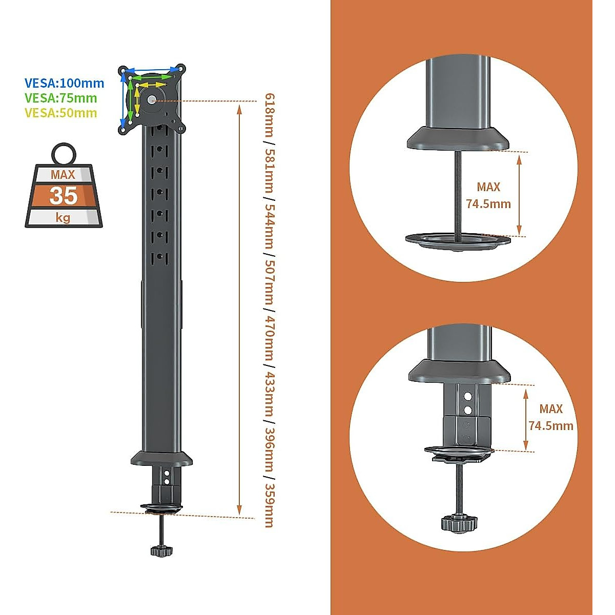 Hemudu Single Tall Desk Monitor Arm Mount Stand Fit for 27 inch to 43 inch Flat Curved Computer Screen with Swivel, Height Adjustable, Rotation,Holds up to 77lbs, Black