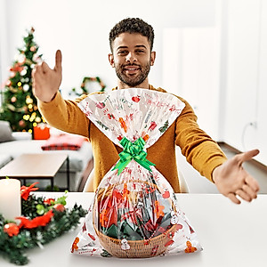 MIMIND 12 Pieces Christmas Large Basket Bags Clear Cellophane Bags 20 x 28 Inch Red Green Basket Bags Clear Thickened Gift Cookie Bags with Red Green Twist Ties, Bows Ribbon for Christmas Gift Baskets