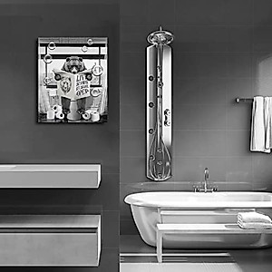 Funny Bears Canvas Wall Art Black and White Pictures Farmhouse Bathroom Wall Decor Bear Sitting in Toilet Reading Newspaper Painting for Toilet Bathroom Animals Artwork Framed 12"x16"