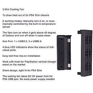 Kafuty-1 Cooling Fan and USB Hub Combination Kit for PS4 Slim Console System,4-Port USB 3.0 Adapter Splitter,Automatic Temperature Sensor Controlled Cooler,for Playstation 4 Slim
