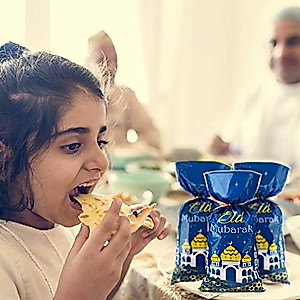 100 Pieces Eid Mubarak Party Treat Bags, Ramadan Theme Printed Pattern Gift Bags Cellophane Clear Plastic Goodie Favor Bags with Silver Twist Ties for Eid Mubarak Party