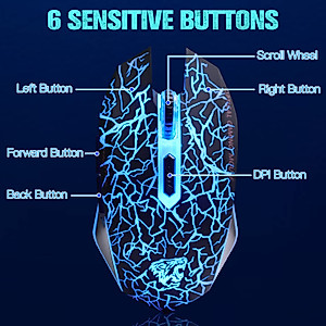 VEGCOO C10 Wireless Gaming Mouse Rechargeable Silent Optical Mice 7 Colors LED Lights, 7 Buttons 2400/1600/800DPI (Black)