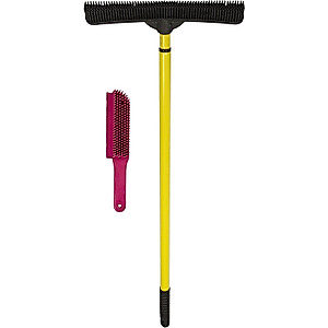FURemover Pet Hair Removal Broom and Lint Brush Combo with Squeegee and Telescoping Handle That Extends from 3-5', Lint Brush Colors May Vary