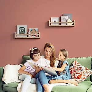 Boswillon 15 Inches Nursery Bookshelves, Floating Kids Bookshelves for Wall Set of 2, Baby Room Wall Decor, Wall Mounted Wood Shelves for Books, Toys and Wall Storage - Rustic Brown