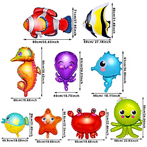 10 Pieces Sea Animals Balloons Ocean Foil Balloons Large Fish Balloons Cartoon Sea Creature Balloons for Boys Girls Under The Sea Themed Birthday Party Baby Shower Decorations, 10 Styles