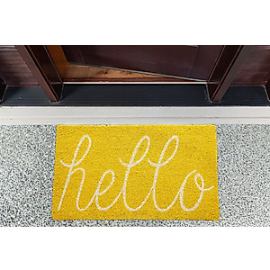 DII Hello Coir Fiber Doormat Non-Slip Durable Outdoor/Indoor, Pet Friendly, 17.5x29.5, Yellow