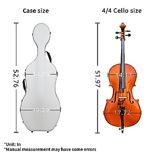 4/4 Full Size Cello Case, 4K Carbon Fiber Hard Shell Backpack, also Fits for 3/4, Ultralight as 5.7 LB Only, with Hygromether and Accessory Bag, Sturdy, Portable and Waterproof (Matte White)