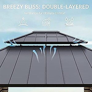 RTDTD 12’x14’ Hardtop Gazebo Outdoor Aluminum Frame Permanent Gazebo Galvanized Steel Double Roof Gazebo with Nettings and Curtains for Patio, Lawns,Backyard, Deck(Brown)