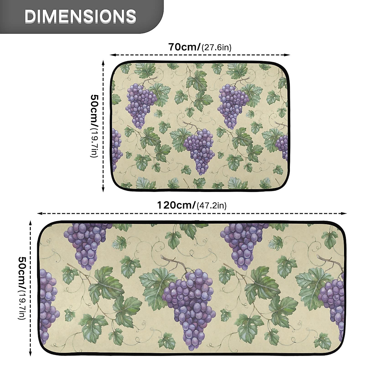 ALAZA Purple Grape Green Leaves Kitchen Rug Set, 2 Piece Set, Non-Slip Floor Mat for Living Room Bedroom Dorm Home Decor, 19.7 x 27.6 Inch + 19.7 x 47.2 Inch