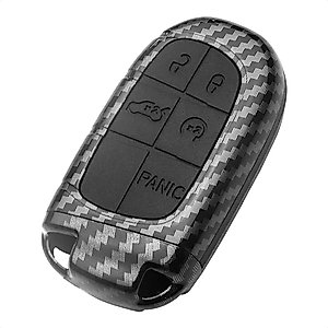 TANGSEN Smart Key Fob Case for Dodge RAM for Jeep Cherokee 3 4 5 Button Keyless Entry Remote Control Accessories Personalized Double Protective Cover ABS Plastic Carbon Fiber Pattern Black Silicone