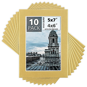 Mat Board Center, Pack of 10, 5x7 for 4x6 Old Gold Color Mats - Bevel Cut, Acid Free, 4-ply Thickness, White Core - for Pictures, Photos, Framing
