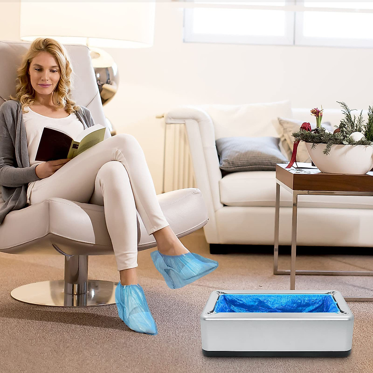 Blemoacha Automatic Shoe Covers Dispenser,200 Pcs Shoe Cover Indoors Disposable,Booties for Portable Machine Fits One Size,Shoe Cover Protect Floor for House Office Hospital Factory (Silver)