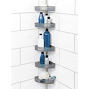 Zenna Home NeverRust Aluminum Tension Pole Shower Caddy, 5 Basket Shelves, Adjustable, 60 - 108 Inch, Satin Chrome & Gray