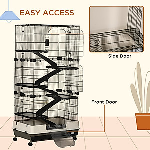 PawHut 59.5" Small Animal Cage with Wheels, 6-Level Portable Bunny Cage, Chinchilla Ferret Cage with Removable Tray, Platform and Ramp