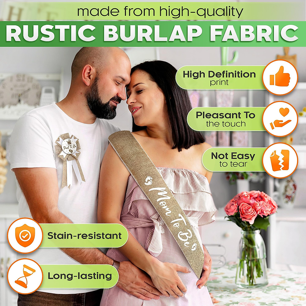 Mom to Be Sash Baby Shower Decorations Neutral Burlap Sashes Dad to Be Pin - Rustic Baby Shower Corsage Mom and Dad to Be Sash for Baby Shower - Mother to Be Sash Neutral Gender Reveal