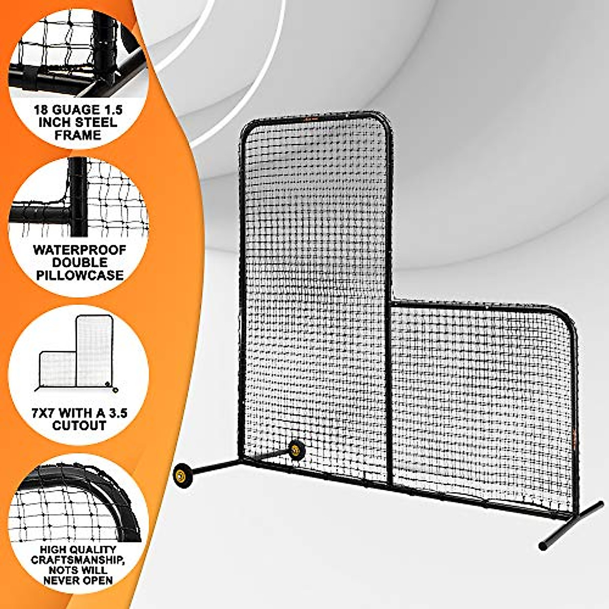 L Screen Baseball Pitching Net for Batting Cage | Pitching Screen with Wheels-7 feet by 7 feet, 3.5 Inch by 3.5 Inch Cutout, Body Protector for Back Drive Lines Beisbol