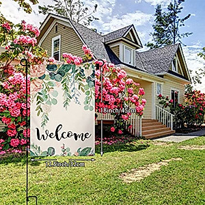 Spring Floral Welcome Garden Flag 12×18 Inch Small Vertical Double Sided Farmhouse Greenery Eucalyptus Leaves Burlap Yard Outdoor Decor