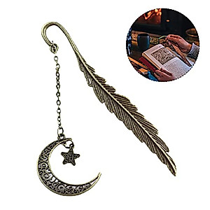 iayokocc Creative Metal Feather Bookmark, Classical Bookmarks with Pendant for Women, Kids, Teens Girls, Readers and Book Lovers.(Stars and Moon)