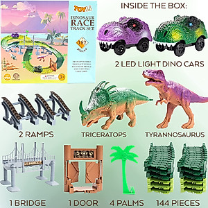 TOYLI Dinosaur Race Track Set 182 Pieces, Dino Track Flexible Dinosaur Road Race Playset with Bridge, Ramps, Dinosaur Track Toy Set is a Great 3 Year Old boy Gift.
