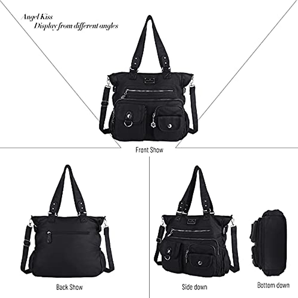 Angel Kiss Hobo Handbags for Women Soft PU Leather Shoulder Handbag Large Women Hobo Purses Fashion Top Handle Satchel Black