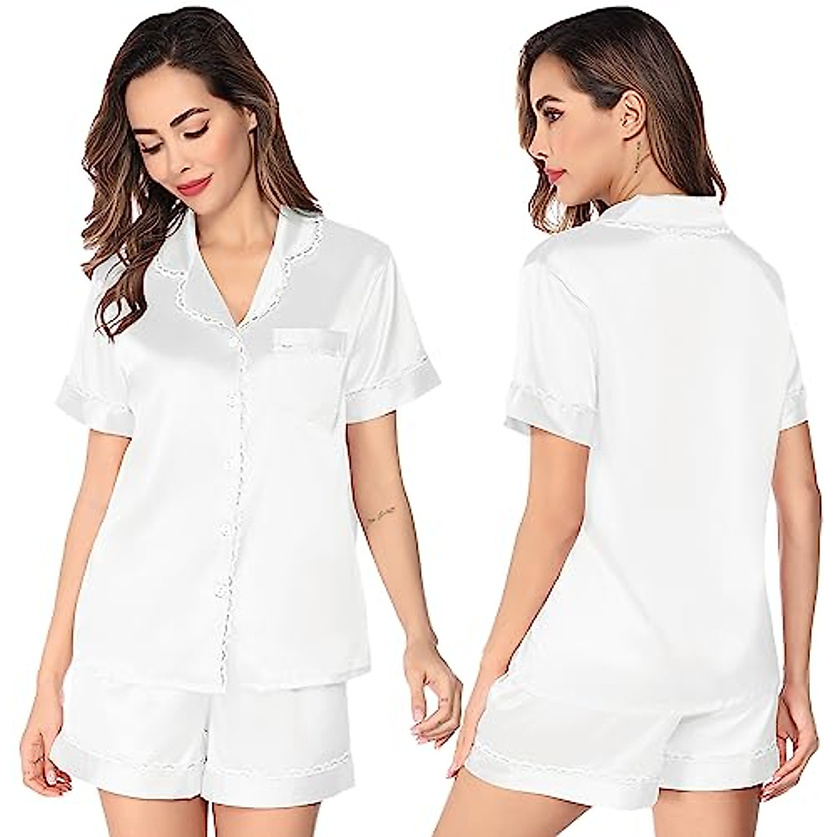 SWOMOG Mommy and Me Pajamas Womens Pajama Sets Satin Silk Pjs 2 Piece Short Sleeves Lace Lounge Shorts Button Up Pj Sleepwear White