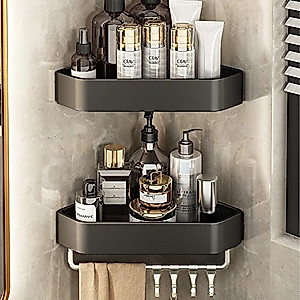 EAQ 2 Pack Corner Shower Shelves, Shower Organizer with 4 Removable Hooks and Towel bar,Adhesive No Drilling Wall Mounted Or Organizer Basket for Washroom/Toilet/Dorm/Kitchen, Matte Black