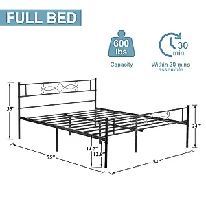 VECELO Full Size Bed Frame Metal Platform with Headboard/Steel Slat Support/No Box Spring Needed/Easy Assembly
