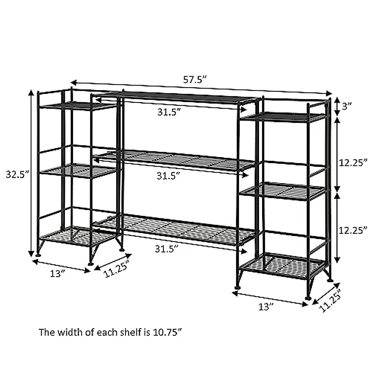 Convenience Concepts Xtra Storage 3 Tier Folding Metal Shelves with Set of 3 Deluxe Extension Shelves - Organizer for Living Room, Office, Bedroom, Garage, Kitchen, Bathroom, Black