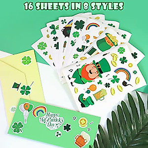 16 Sheets St.Patrick's Day Stickers for Kids, Shamrock Stickers for Envelopes Cards Craft Scrapbooking Decorative, St Patricks Day Parties Favors Decorations Gift Supplies for Toddlers and Adults