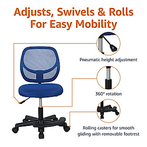 Amazon Basics Kids Adjustable Mesh Low-Back Swivel Study Desk Chair with Footrest, Blue