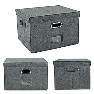 JSungo File Box with 5 Hanging Filing Folders, Document Organizer Storage for Office, Collapsible Linen Storage Box with Lids, Home Portable Storage with Handle, Letter Size Legal Folder, Dark Gray