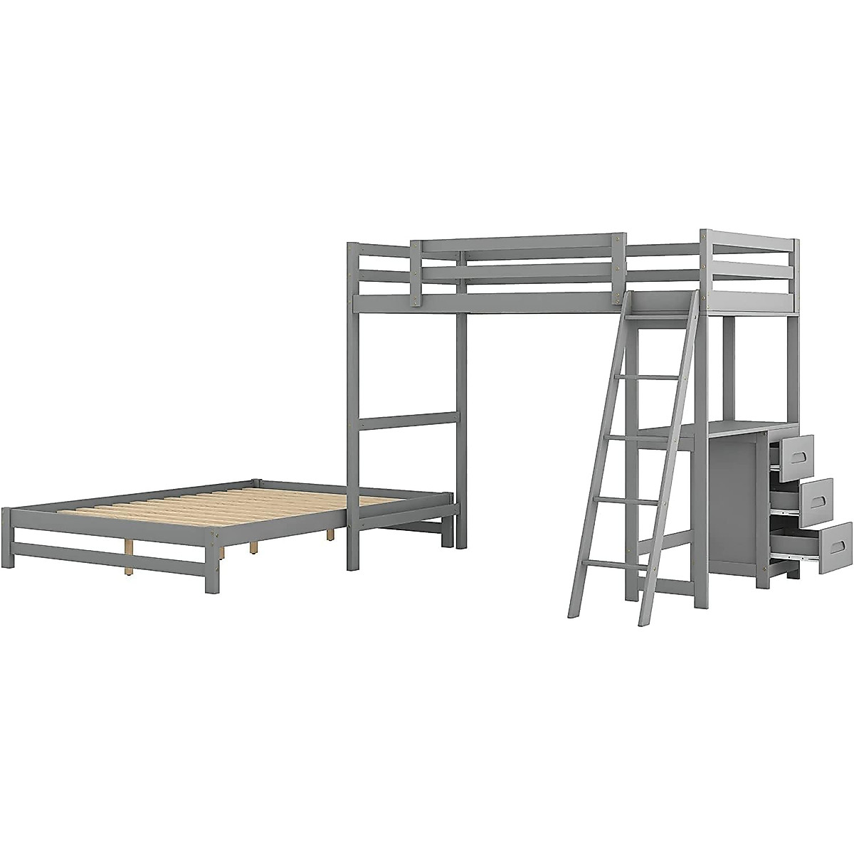 Bunk Beds Twin Over Full Size with Built-in Desk and Three Drawers, Wooden Storage Bunk Beds with Removable Bottom Bed ,Bunk Beds with Ladder & Guardrails for Kids Girls Boys ,Grey